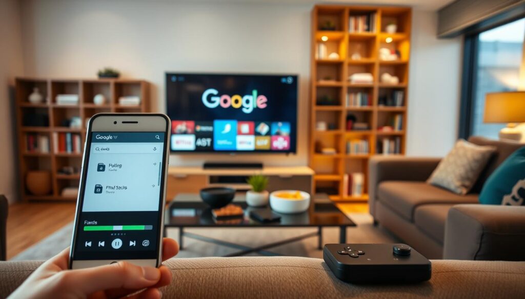 A modern living room with a sleek flat-screen TV displaying an ...