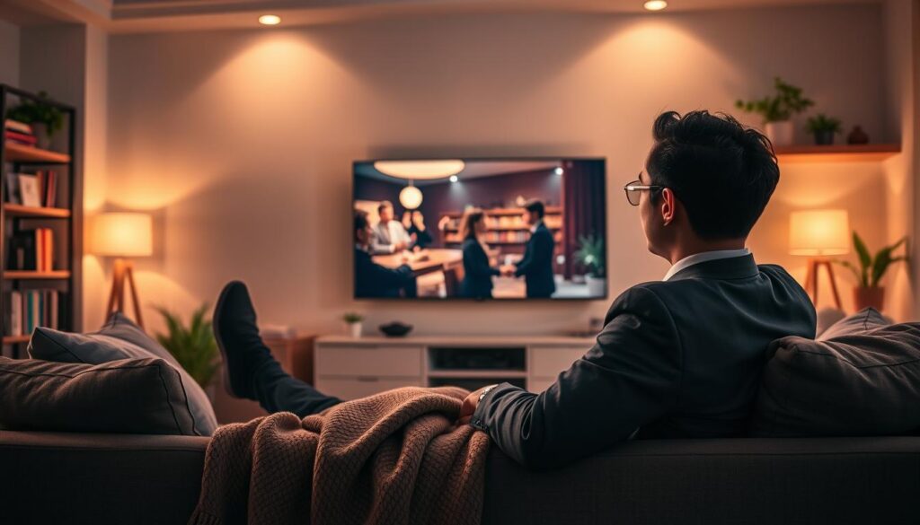 Un'ambientazione serale serena raffigura una stanza accogliente e ben ...