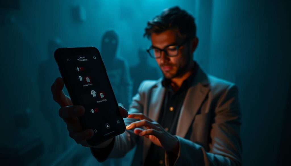A sleek, futuristic smartphone displaying a ghost detection app ...